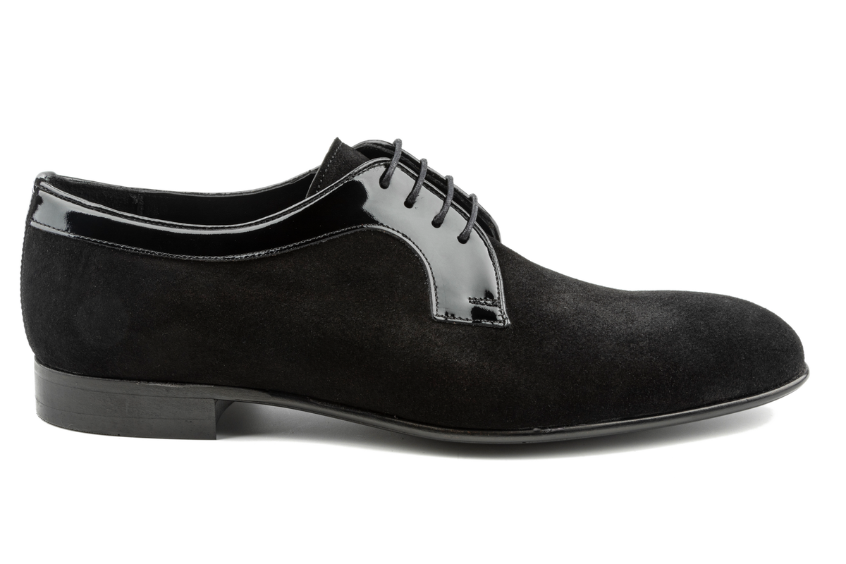 Men's Suede Derby Shoes with Shiny Patent Leather Details, Plain Toe D ...