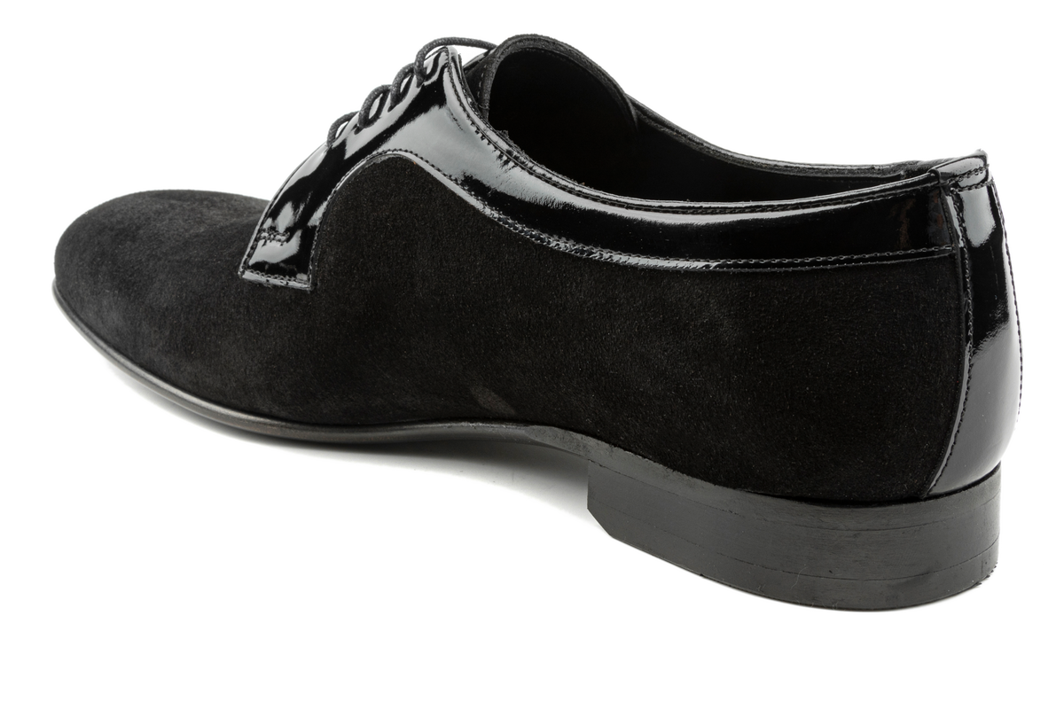 Men's Suede Derby Shoes with Shiny Patent Leather Details, Plain Toe D ...